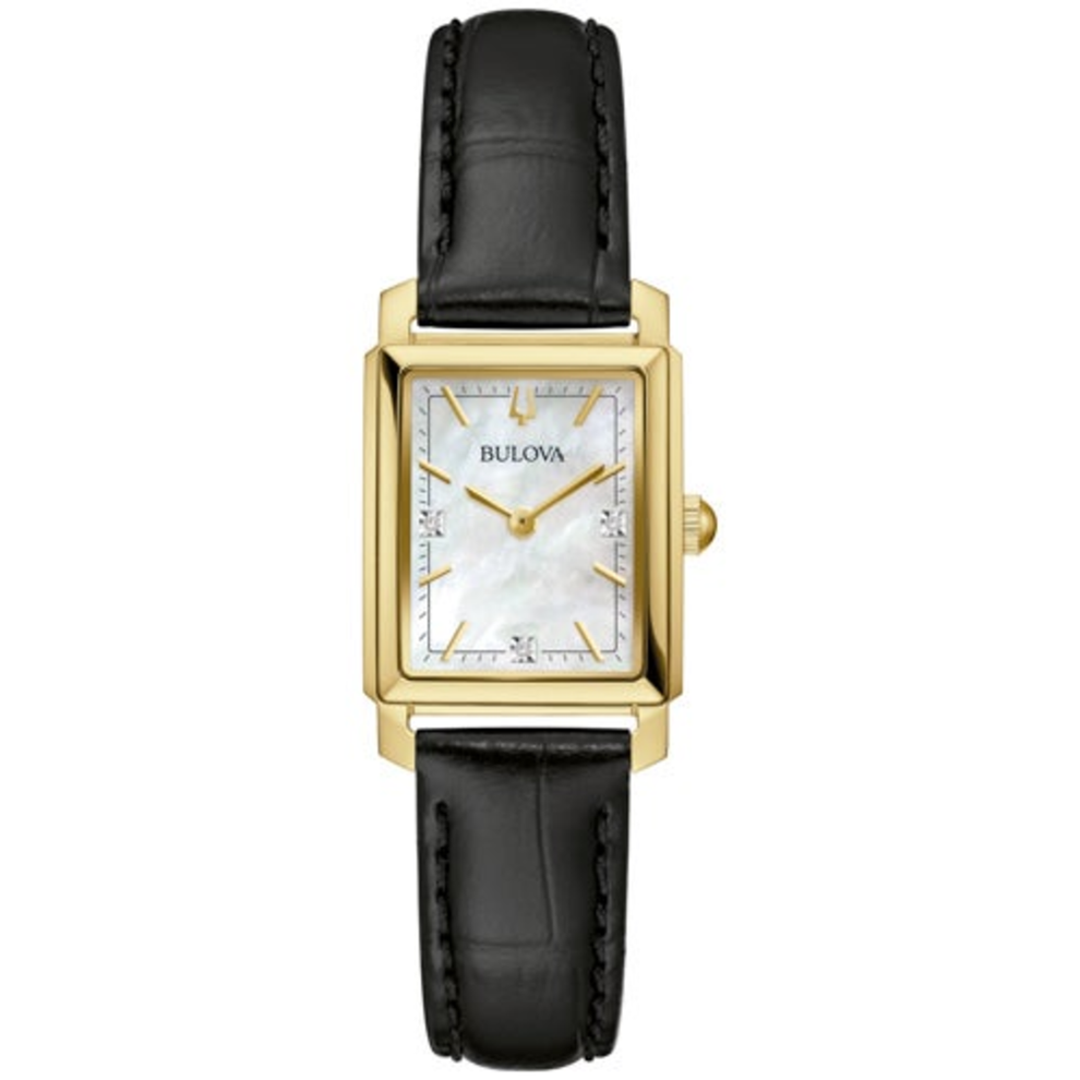 LADIES' SUTTON SILVER & BLACK LEATHER STRAP RECTANGLE WATCH, MOP DIAL ...